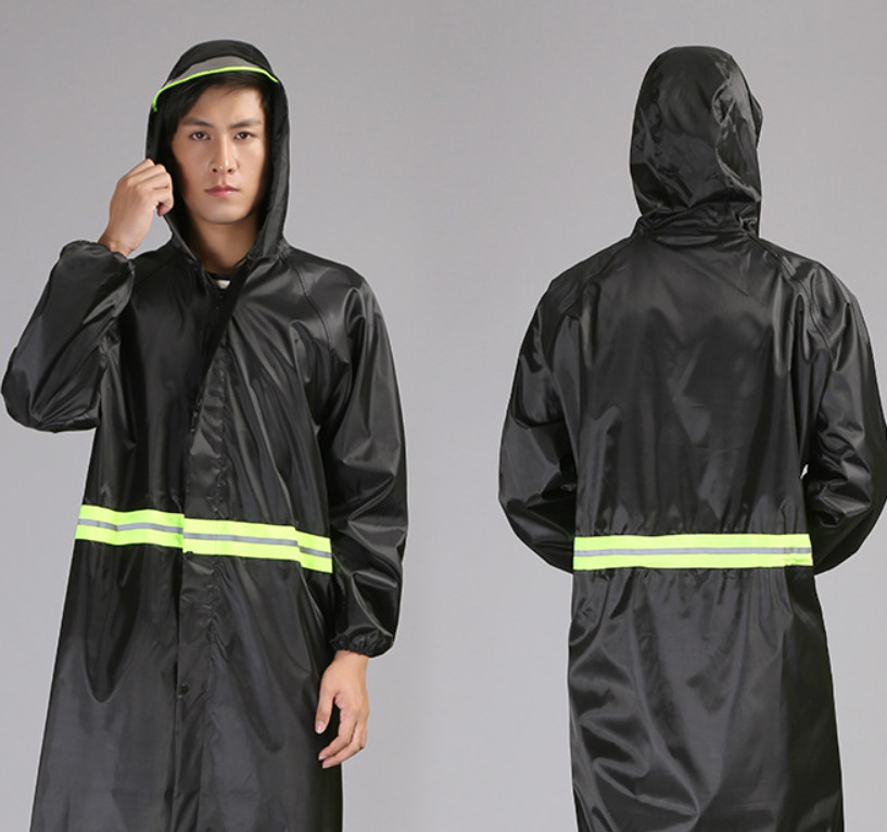Waterproof dark green rain coat with reflective tape